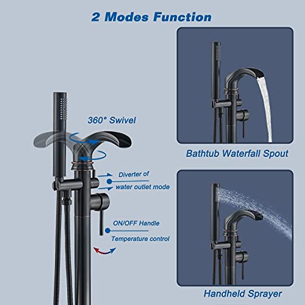 Votamuta Modern Dual Function Floor Mount Tub Filler Freestanding Bathtub Faucet Oil Rubbed Bronze Waterfall High Flow Standing Tub Faucets With Hand Shower Head Mixer Taps