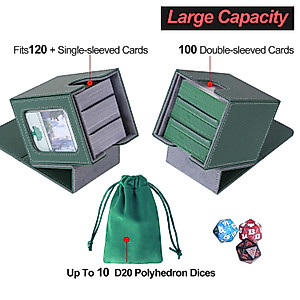 AFIING MTG Deck Box for Commander Display,Card Deck Box Fits 100 Double Sleeved Cards, Magic Commander TCG Card Storage case with 2 Dividers,Dice Bag and 1 Toploader(Green/Grey)