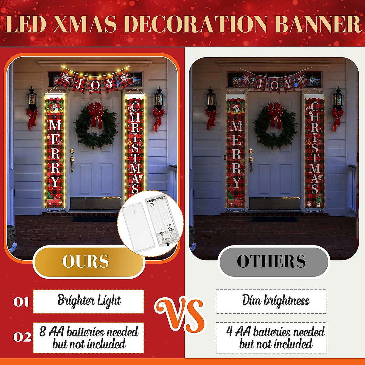 7 Pcs Merry Christmas Banner Lighted Front Porch Sign, Red Black Buffalo Plaid Porch Sign, Joy Merry Christmas Led Lights Door Banner, for Xmas Home Wall Door Yard Hanging Holiday Party Outdoor Decor