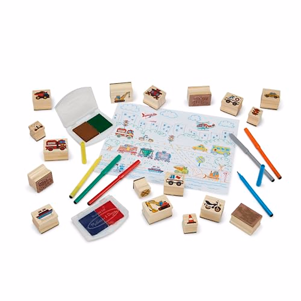 Melissa & Doug Deluxe Wooden Stamp and Coloring Set – Vehicles (30 Stamps, 6 Markers, 2 Durable 2-Color Stamp Pads)