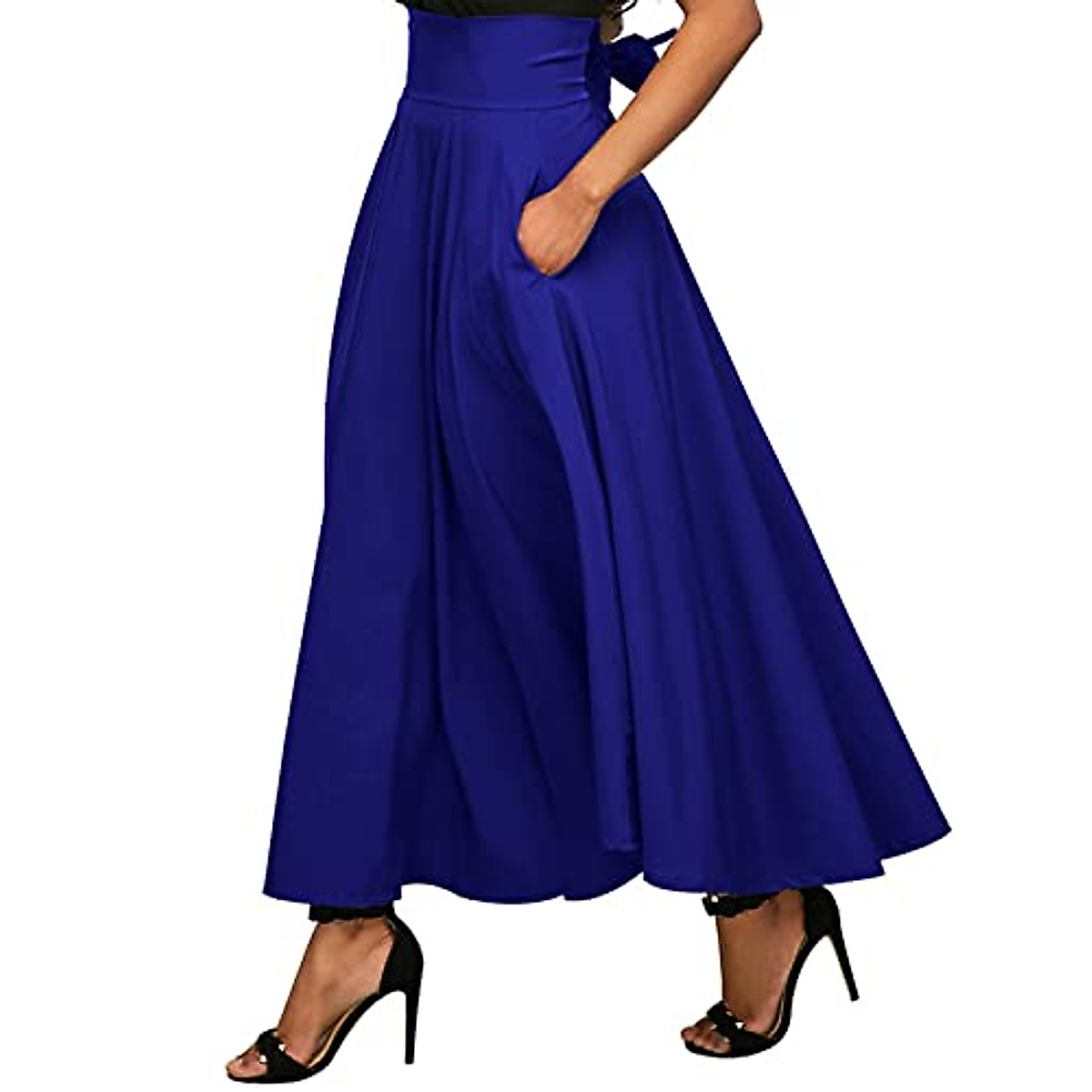 Rooscier Women's Elastic High Waist Tie Knot Back A-Line Flared with Pockets Long Skirt Royal Blue Small