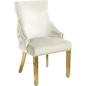 Meridian Furniture Collection Modern | Contemporary Velvet Upholstered Dining Chair with Tufted Back and Gold Sturdy Stainless Steel Legs, Set of 2, 24" W x 25.5" D x 37.5" H, Cream
