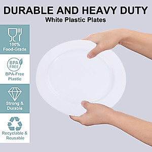 I00000 50Pcs White Plastic Dinner Plates 10.25 Inch, Premium Disposable Party Plates, Safe and Reusable, Heavy Duty Plastic Plates Perfect for Wedding & Party