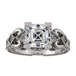 Central Diamond Center Asscher Cut Engagement Ring, Pure Brilliance Cubic Zirconia, Vintage Look - Platinum Plated - Size 9