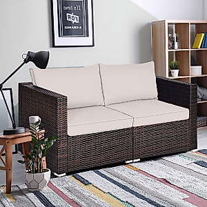 HAPPYGRILL 2 Pieces Patio Sofa Set Rattan Wicker Corner Sofa Set with Zippered Cushions for Backyard Balcony Porch Garden Poolside