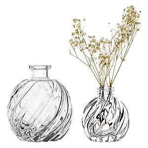 MyGift Modern Clear Glass Reed Diffuser Bottle, Small Round Decorative Bottles Flower Bud Vase with Spiral Ribbed Textured Pattern, Set of 2
