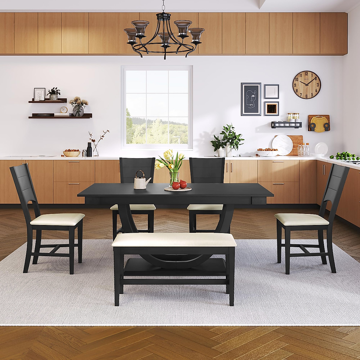 6 Pieces Wood Dining Table Set with Bench, Kitchen Table Set with Half Round Legs, Long Bench and 4 Dining Chairs, Modern Style Dining Room Set for 6 Persons, Gray+Beige