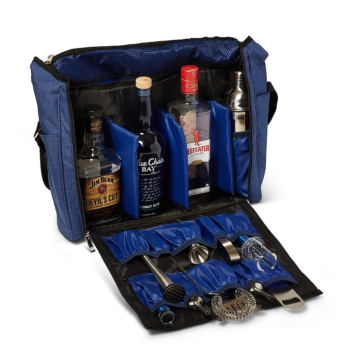 VADCAD Travel Bar Bag Navy Blue & Black, Water Resistant, Bartending Supplies, Pockets for Carrying Cocktail Kit (Bag Only), 13.8H X 12.5W X 4.7D