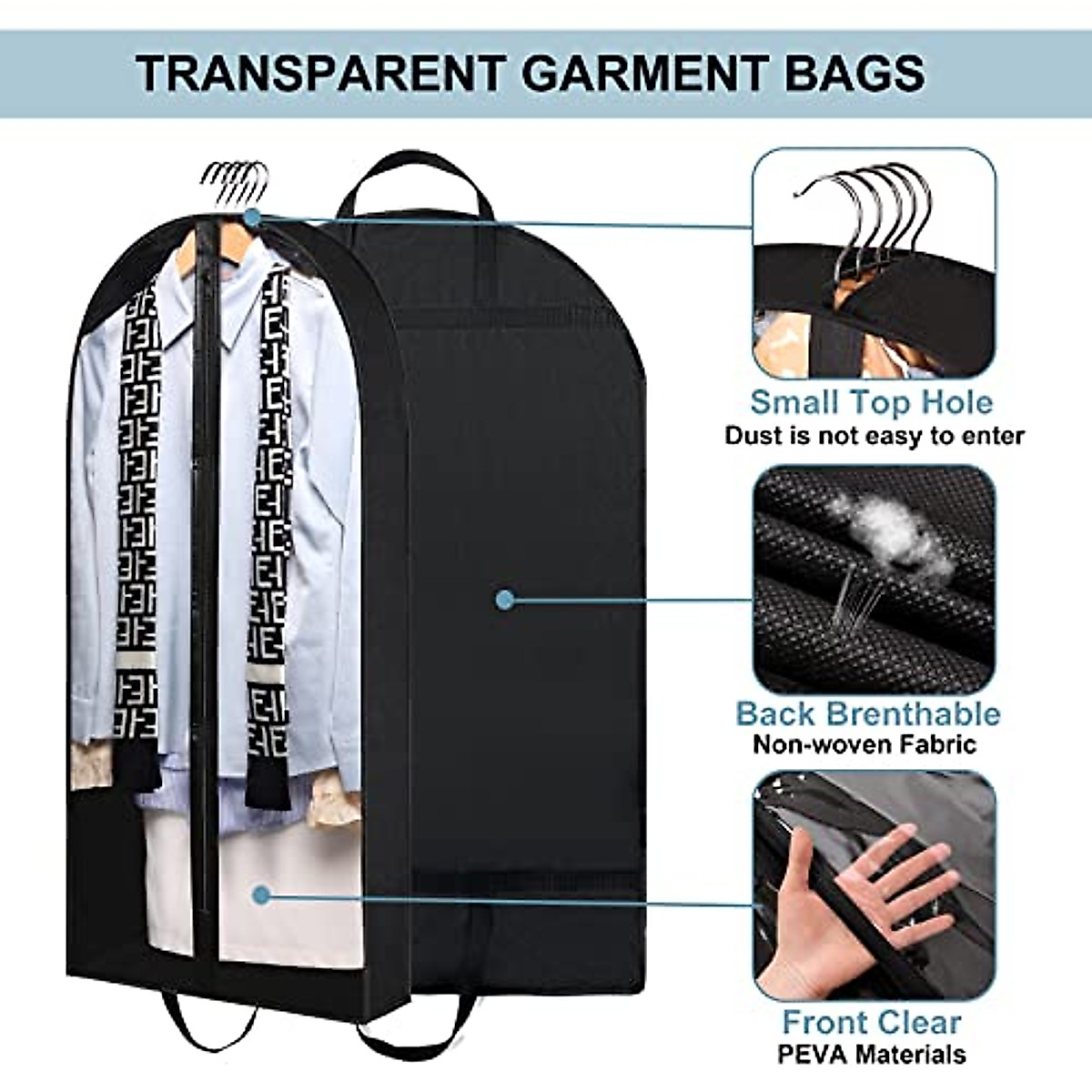 Clear Garment Bags Suit Bag:5 Pack 40 inch Closet Storage Hanging Clothes Business Non Woven Suit Cover Travel Dress Bag For Coats,Uniforms,Sweaters, Jackets