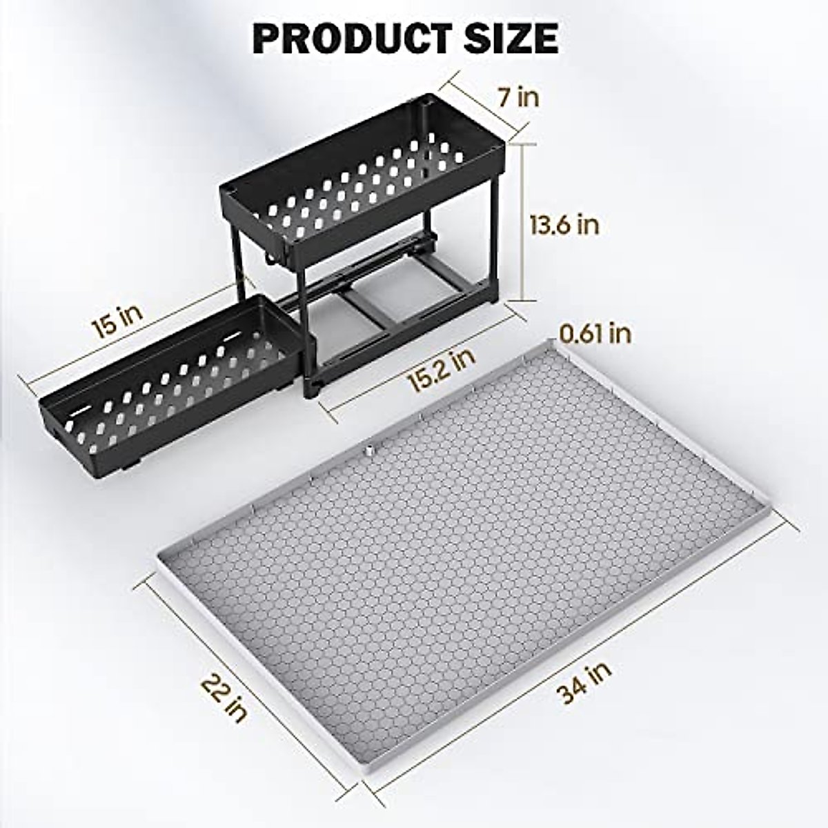 KOCWELL 2 Tier Under Sink Organizer and Under Sink Mat 34" x 22" Set, Sliding Under Bathroom Cabinet Storage Drawer Organizer with Hooks, Hanging Cup, Multi-purpose Under Sink Shelf Organizer