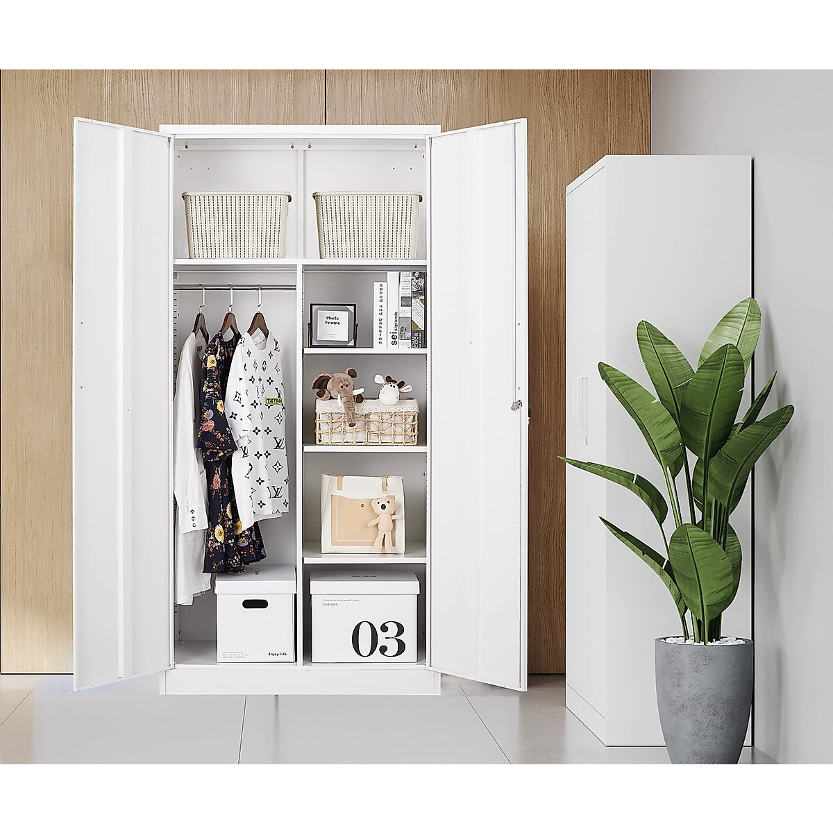 MIIIKO Steel Wardrobe Cabinet with 2 Doors, White Metal Locker Cabinet for Storage with Hanging Rod and 4 Shelves, Lockable Metal Closet Cabinet for Bedroom, Cloakroom and Home Office