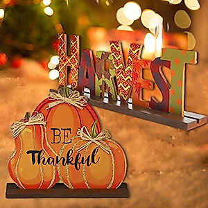 MorTime 4 Pack Thanksgiving Themed Table Centerpiece Signs, Wood Pumpkin Table Decor Harvest Autumn Glittery Pumpkins Table Topper for Home Office Thanksgiving Decorations