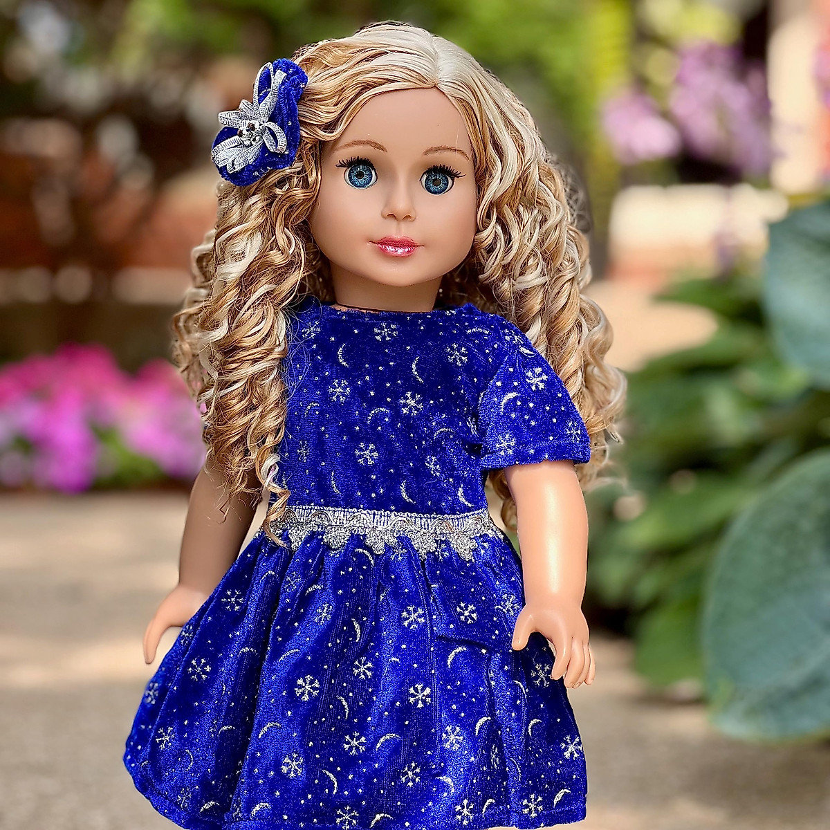 - Midnight Blue - 3 Piece Outfit - Dark Blue Sparkling Holiday Dress with Matching Silver Shoes and Headpiece - Clothes Fits 18 Inch Doll (Doll Not Included)