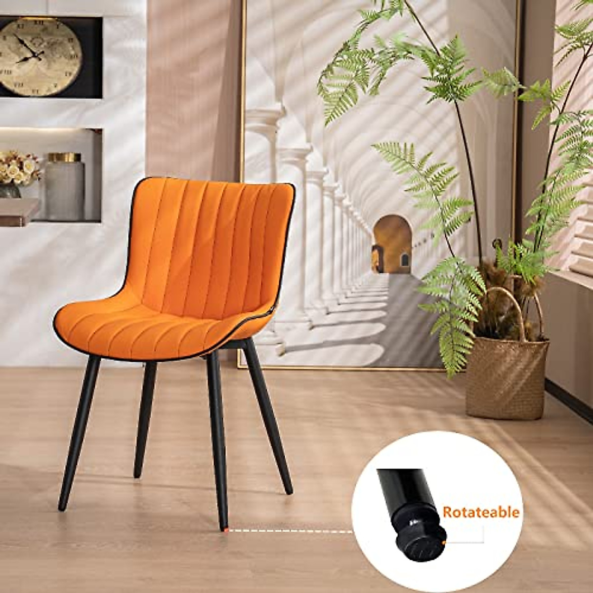 YOUNUOKE Dining Chairs Set of 2,Upholstered Mid Century Modern Chair Armless Faux Leather Accent Chairs with Backrest Metal Legs and Adjustable Feet for Kitchen Living Room Bedrooms,Orange