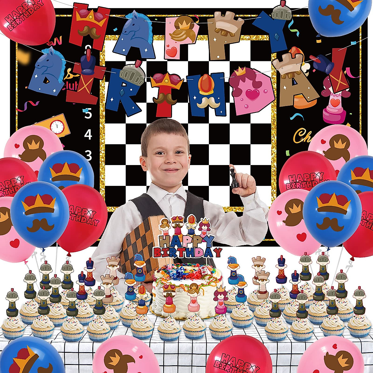 ADIANZI Chess Party Supplies Cartoon Medieval Chess Themed Party for Adults Kids Chess Birthday Party Decorations Kids Chess Party Backdrop Chess Birthday Banner