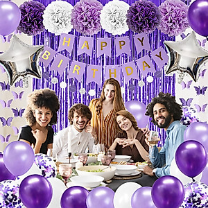 Lasocy Purple Birthday Decorations for Women Girls Butterfly Hanging Garland Purple and White Silver Lavender Party Decorations Set with Happy Birthday Banner Purple Foil Background Pompom Flower