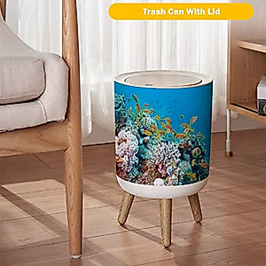 OJNR36WKPD Small Trash Can with Lid Coral Reef with Shoal of Fishes scalefin anthias Underwater Wood Legs Press Cover Garbage Bin Round Waste Bin Wastebasket for Kitchen Bathroom Office 7L/1.8 Gallon