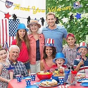 JAPBOR 2Pcs Gold Glitter Thank You Veterans Banner, Memorial Day Patriotic Veterans Day Party Decorations, Glitter Red White Blue Stars Soldiers Veterans Sign Decor Supplies for Home Background Wall