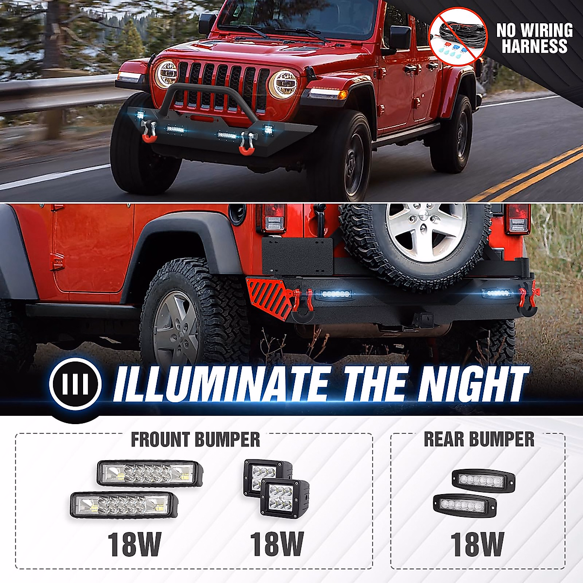 OBNAUX Front & Rear Bumper with Spare Tire Carrier Compatible with 2007-2018 Jeep Wrangler JK JKU Unlimited w/Winch Plate, Paintable Armor, 2" Hitch Receiver & D-rings (2/4 Doors, Black)