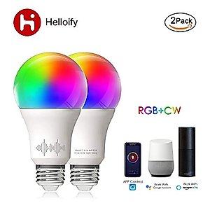 Helloify A19 Smart WiFi LED Light Bulbs, RGBCW Multi-Color Changing, Warm to Cool White Dimmable, Work with Alexa & Google Home (No Hub), 60W Equivalent E26, RGB+2700K-6500K, 2 Count