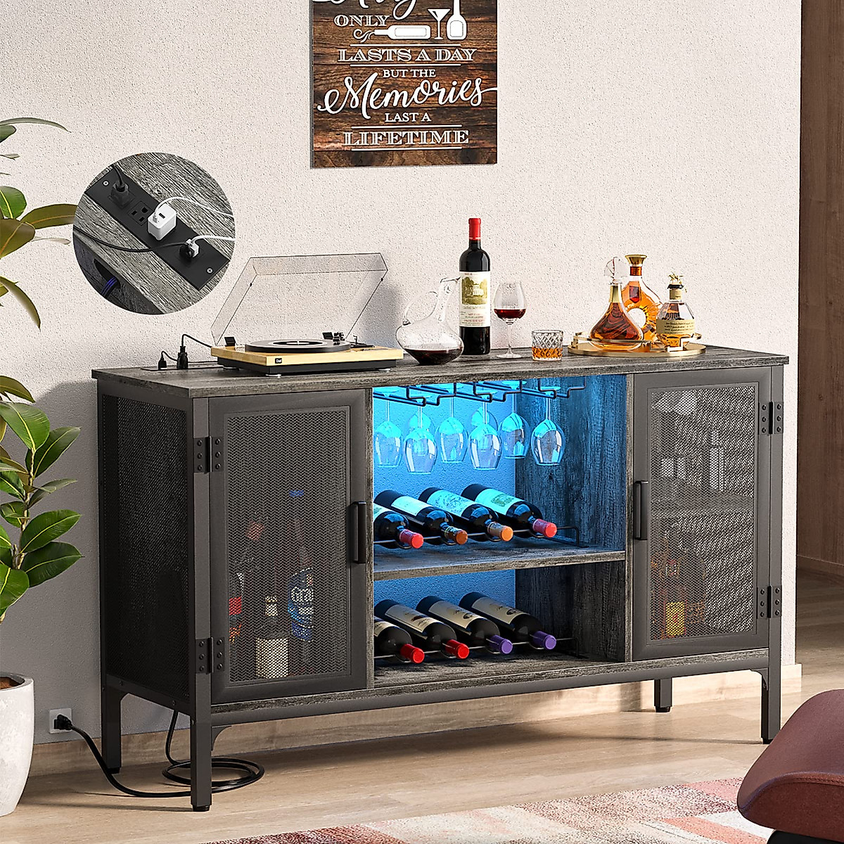 Homieasy Wine Bar Cabinet with Led Lights and Power Outlets, Industrial Coffee Bar Cabinet for Liquor and Glasses, Farmhouse Bar Cabinet with Removable Wine Racks, Black Oak