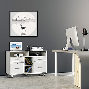 VINGLI Wood Mobile File Cabinet with 4 Drawers and Shelves, Printer Stand with Open Storage, Lockable Lateral Filing Cabinet for Home Office, Assembly Required, Light Beige Close to White