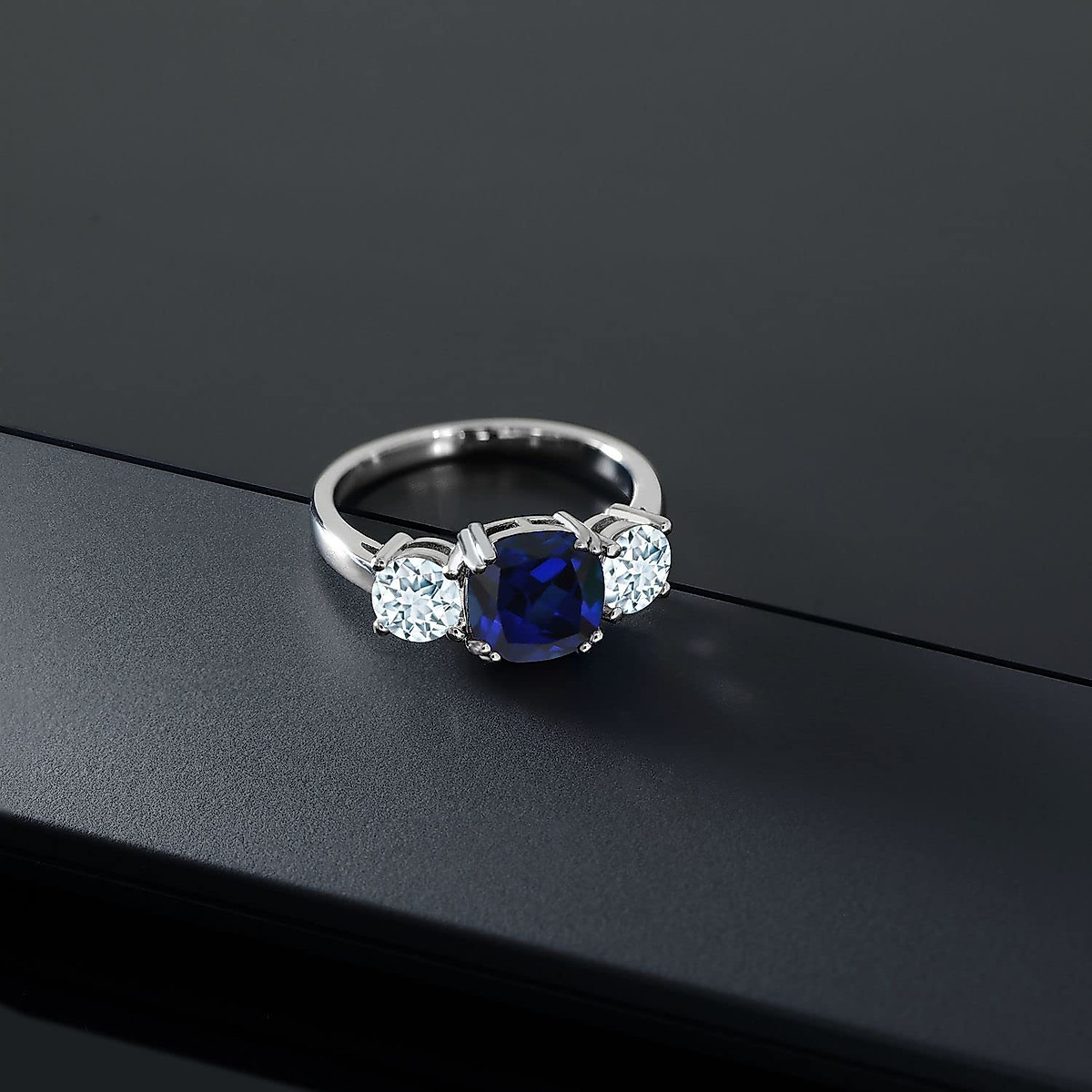 Gem Stone King 925 Sterling Silver Blue Created Sapphire and Sky Blue Aquamarine 3 Stone Engagement Ring For Women | 3.50 Cttw | Cushion 8MM | Available in Size 5,6,7,8,9
