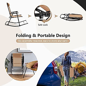 Tangkula Outdoor Folding Rocking Chair, No Assembly Required, Foldable Rocker Recliner with Headrest, Portable Lounge Chair for Camping, Patio, Lawn, Garden, Yard or Balcony Beige