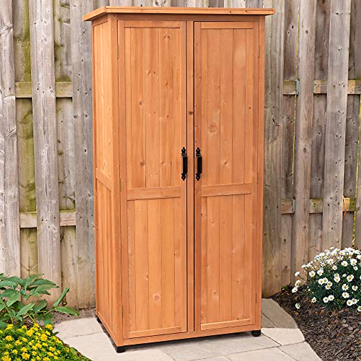 Leisure Season VSS3005 Vertical Storage Shed - Brown - Indoor and Outdoor Wooden Equipment Closet - Lockable Lawn, Garden, Backyard, Patio Tool Cabinet Organizer - Large Locker with Door and Shelves