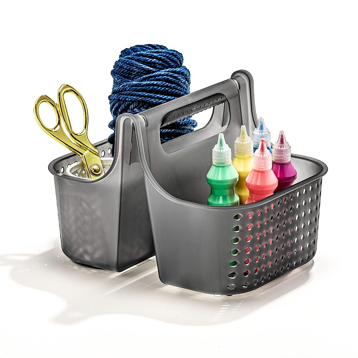 madesmart 2-Compartment Soft Grip Shower Tote for Bathroom Organization, Plastic Storage Shower Caddy Bucket, Small, Carbon