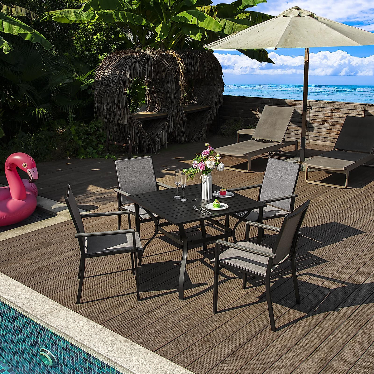 bigget 5-Piece Patio Outdoor Dining Set of 4 Chairs Textilene Breathable Fabric& Wrought Iron Desk Square Metal Table w/ 1.57" Umbrella Hole Furniture Set for Garden Yard Porch Deck Bistro