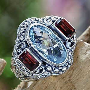 NOVICA Artisan Handmade Blue Topaz Garnet Cocktail Ring Silver from Bali Sterling Red Multi Stone Indonesia Birthstone [crownbezel 0.6 in L x 0.7 in W x 0.4 in H Band Width 4 mm W] ' Limpid Pool'