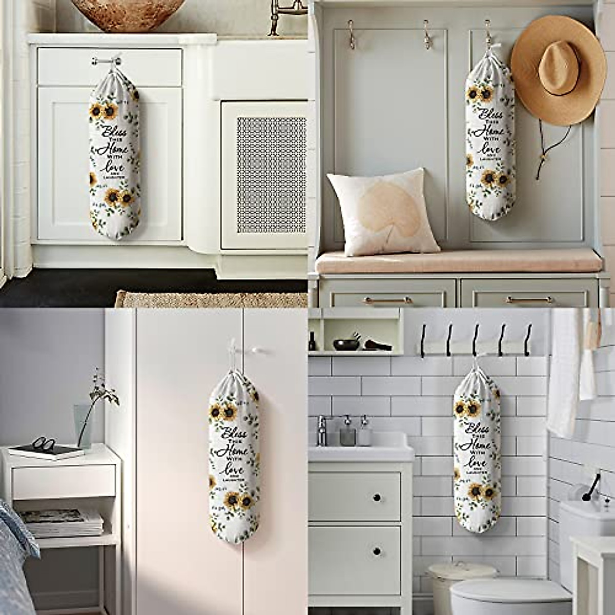 Hglian Sunflower Grocery Storage Bag Holder Wall Mount Plastic Bag Dispenser Garbage Shopping Trash Bags Container Organizer Quote Religious Sayings Farmhouse Kitchen Decor Home Blessing