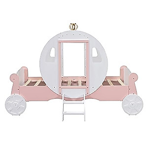 Twin Size Girls Bed Princess Bed, Little Girl Cute Bed with Headboard, Wooden Platform Bed for Children Bedroom, Pink
