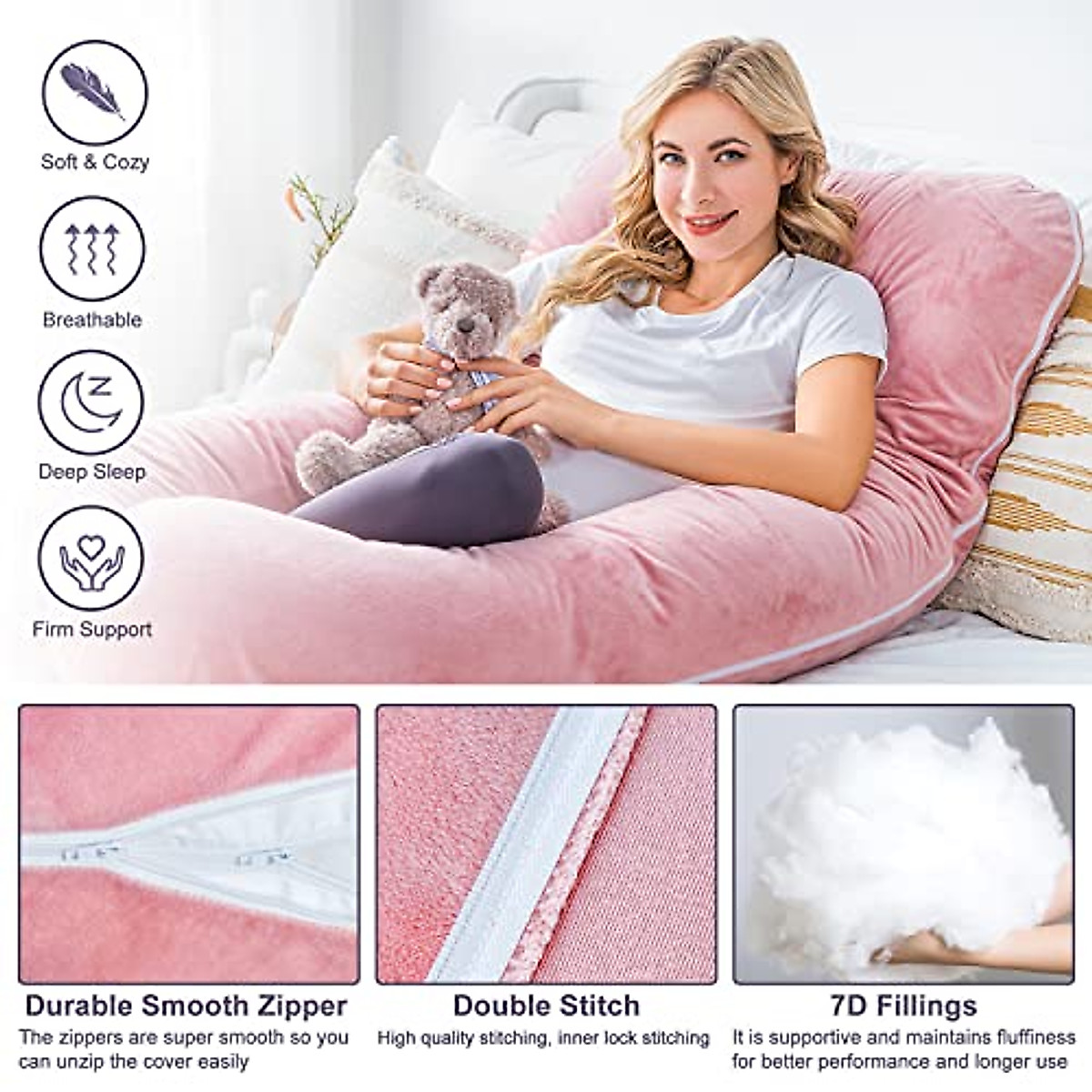 Meiz Pregnancy Pillows, U Shaped Pregnancy Pillows for Sleeping, Full Body Maternity Pillow for Pregnant Women with Machine Washable Velvet Cover, Pink