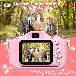Anesky Kids Camera, Toy Camera for Kids Aged 3 4 5 6 7 8 9 10 11 12, 1080P HD Toddler Digital Video Camera, Children's Camera for Boys and Girls, Perfect Christmas & Birthday Gifts, 32GB Card - Pink