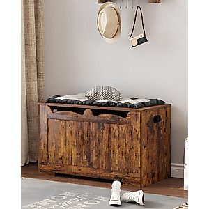 Hzuaneri Storage Chest, Storage Trunk with Safety Hinge, 29.9" Lift-Top Storage Bench, Wooden Storage Organizer, Shoe Bench for Entryway, Bedroom, Living Room, Rustic Brown SB04401X