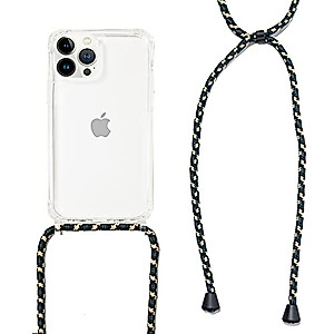 Ecofriendly iPhone 14 and iPhone 13 Pro Crossbody Cord Case Leash Hands-Free Adjustable Strap Landyard Shockproof Resistant Cover (Transparent Militar)