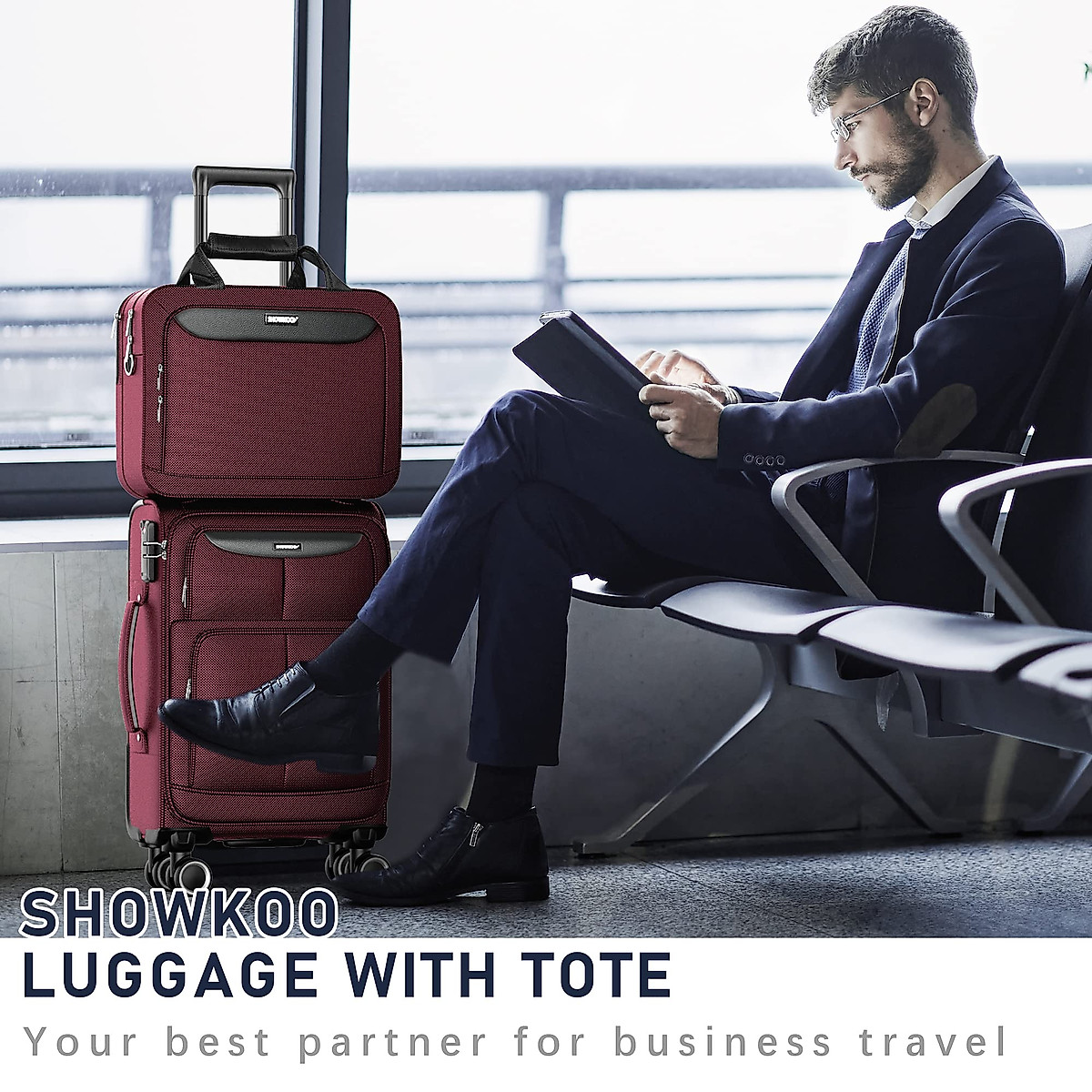 SHOWKOO Carry-on Luggage 2 Piece Softside Lightweight Durable Suitcase with Bag Tote Double Spinner Wheels TSA Lock Wine Red 20-inch