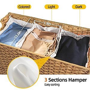 132 L Wicker Laundry Hamper with Lid 3 Section, Extra Large HandWoven Synthetic Rattan Wicker Laundry Basket with Removable Liner Bags for Bedroom Bathroom, Dirty Clothes Hampers Sorter Foldable