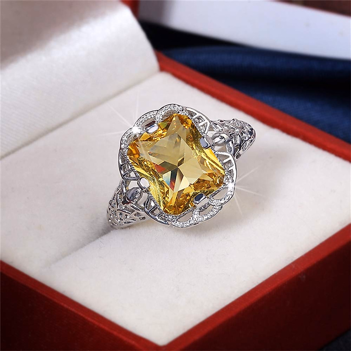 925 Sterling Silver Shining Citrine Ring Square perfect Cut 3Ct Cubic Zirconia Promise Rings CZ Yellow Gemstone Solitaire Ring Eternity Engagement Wedding Band Ring Sets for women TZ.74 (US Code 9)