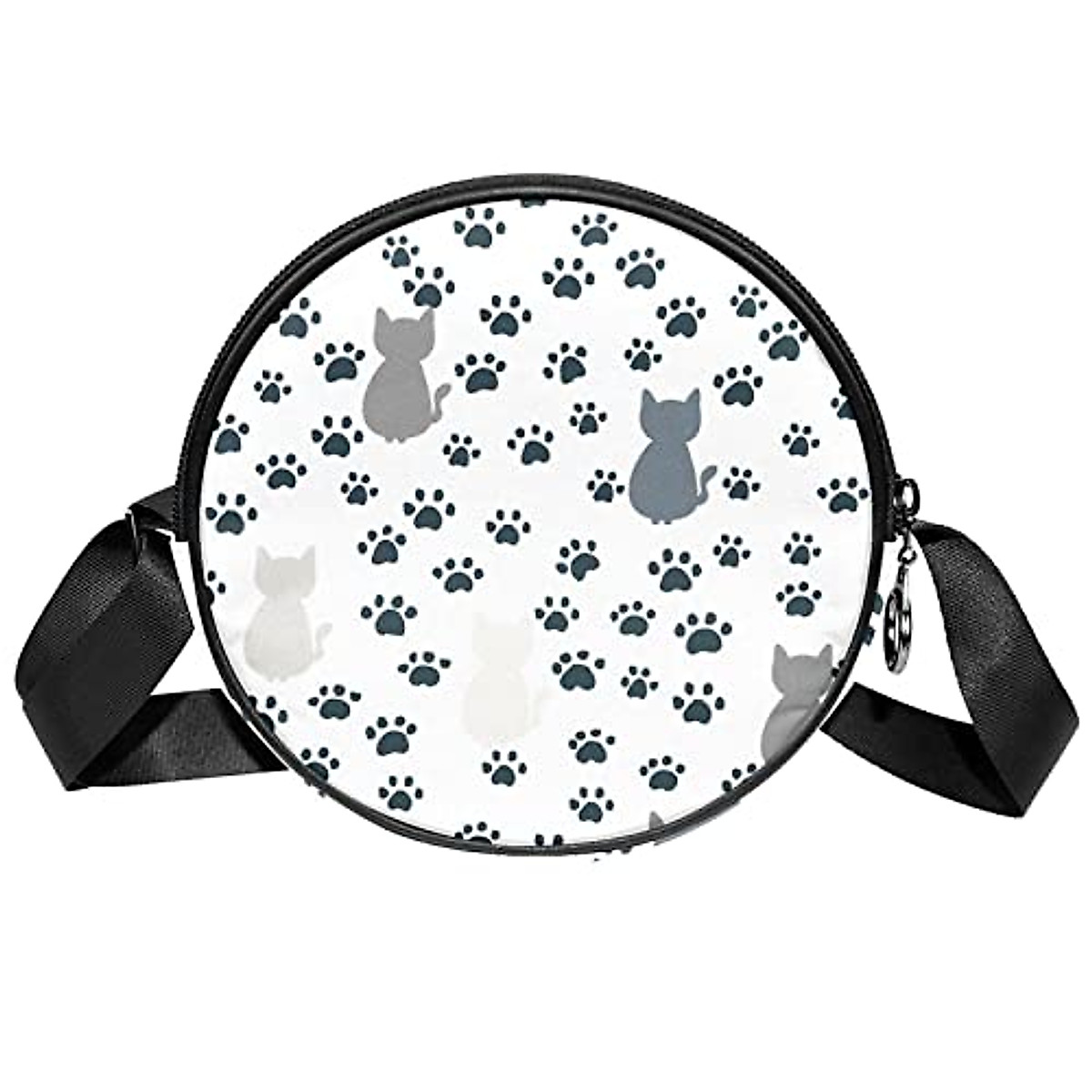 Cat With Paw Prints Crossbody Bag for Women Teen Girls Round Canvas Shoulder Bag Purse Tote Handbag Bag