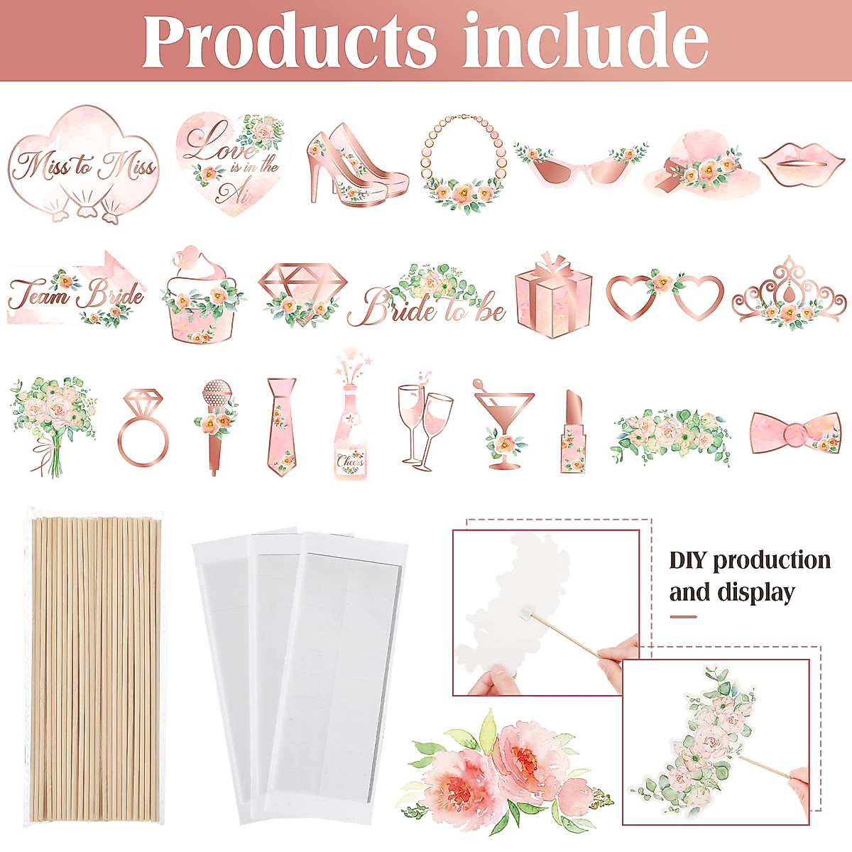 Zonon 24 Pieces Bridal Photo Booth Props, Bridal Shower Props, Wedding Photo Booth Gold Foiled Floral Photo Props for Bridesmaid Bachelorette Party Wedding Supplies