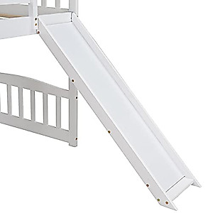 Merax Twin Loft Bed with Two Drawers and Slide, Wood House Bed with Roof and Guardrails for Boys & Girls (White)