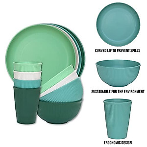 Wheat straw Dinnerware Set 40 Piece - Lightweight, Eco-Friendly, plastic dinnerware set, Microwave Dishwasher Safe Unbreakable Plates, Bowls, Cups, Camping, Kitchen, RV