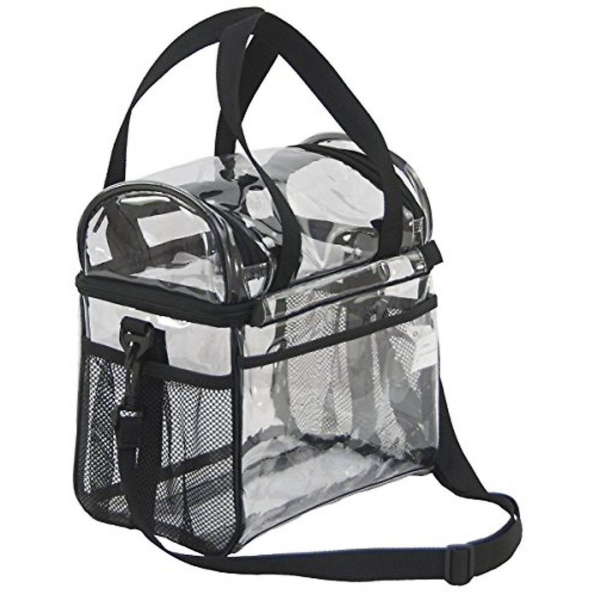 Amaro Premium 0.55mm Clear Dual Compartments Lunch Bag - Transparent Reusable Lunch Box for Adults - Ideal for Workplaces - Adjustable Shoulder Strap - Large Side Mesh Pockets