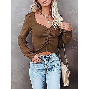 PRETTYGARDEN Fall Long Sleeve Cropped Sweaters for Women 2023 Off The Shoulder V Neck Ruched Ribbed Knit Going Out Tops (Coffee, Medium)