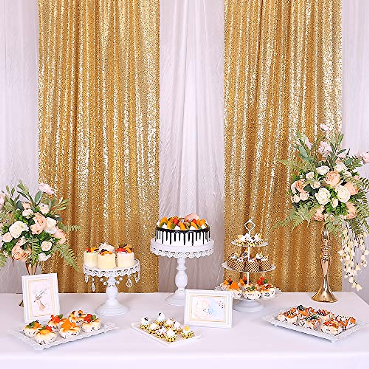 KNGKILQN Gold Sequin Backdrop Curtain - 2 Panels 2.2x8FT Gold Glitter Backdrop Party Photo Sequin Curtains Wedding Brithday Christmas Sparkle Photography Background