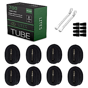 (8 Inner Tubes with 2 Tire Levers) LITES 28 700x20-25C Presta Valve 60mm Road Bike Replacement Inner Tubes for Road Bikes with Tire Size of 700c x 20, 23, and 25