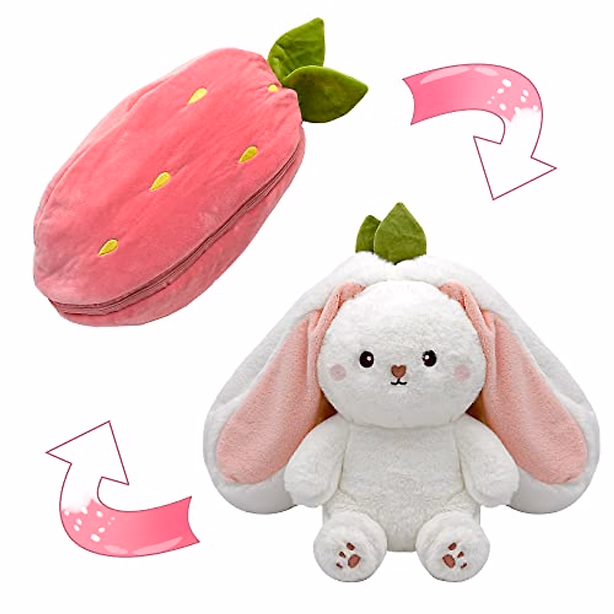 YOUBLEK Bunny Stuffed Animal,Strawberry Reversible Cuddle Bunny Plush Doll with Zipper Cute Soft Rabbit Toys Pillow for Kids and Adults Easter Bunnies Plushies Gifts (Strawberry, 13.80 inches)